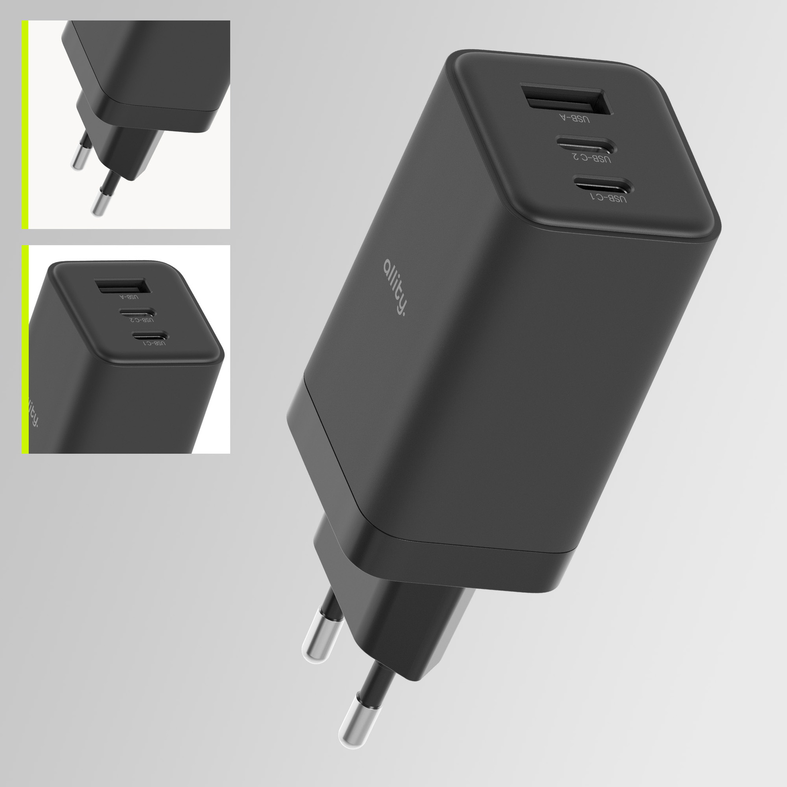 Allity GaN PD QC mains charger ATC-01-65WACC 2x USB-C + 1x USB-A 65W black Black | New arrivals ...